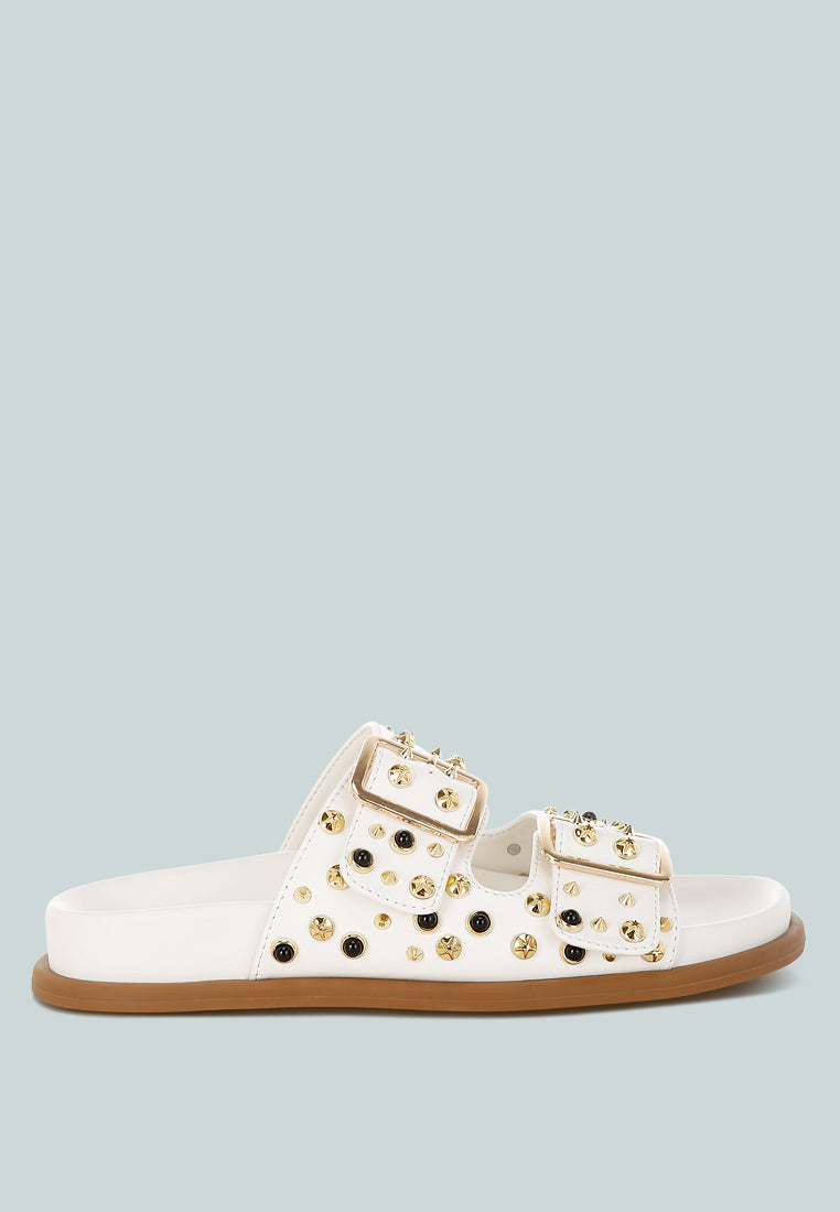 Metallic Stud Embellished Sliders By RUW